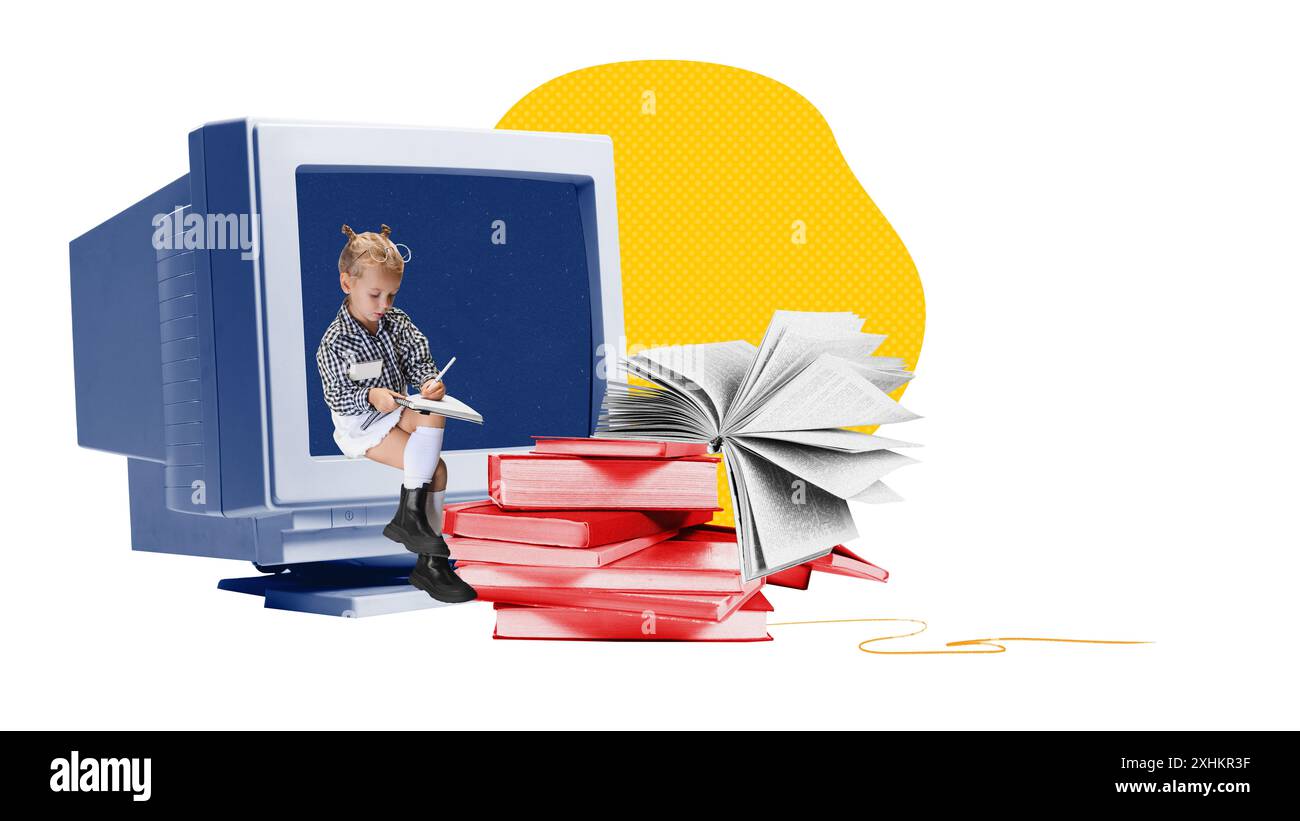 Poster. Contemporary art collage. Pupil sitting in retro computer ...