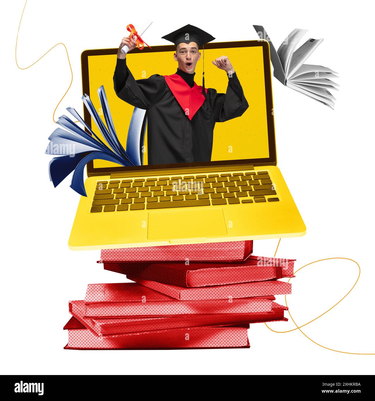 Poster. Contemporary art collage. Jubilant graduate, dressed in black ...