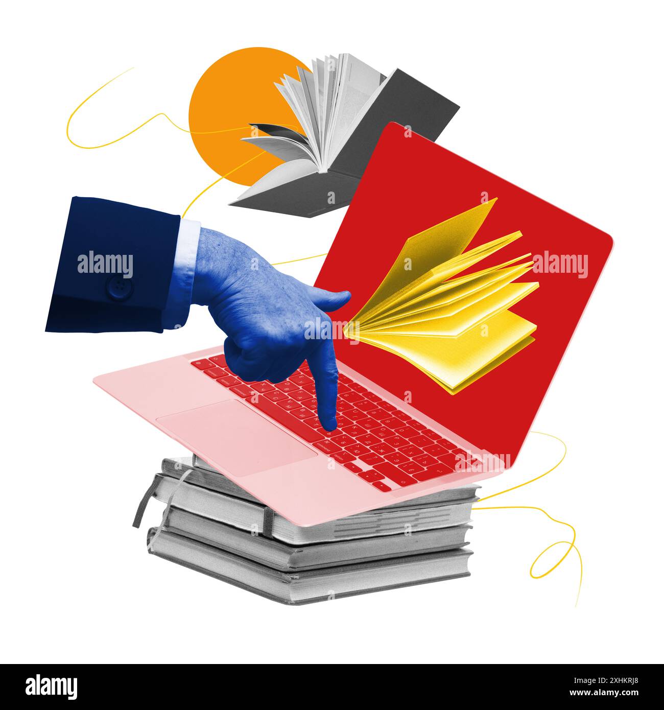 Poster. Contemporary art collage. Blue hand tipping at laptop keyboard ...