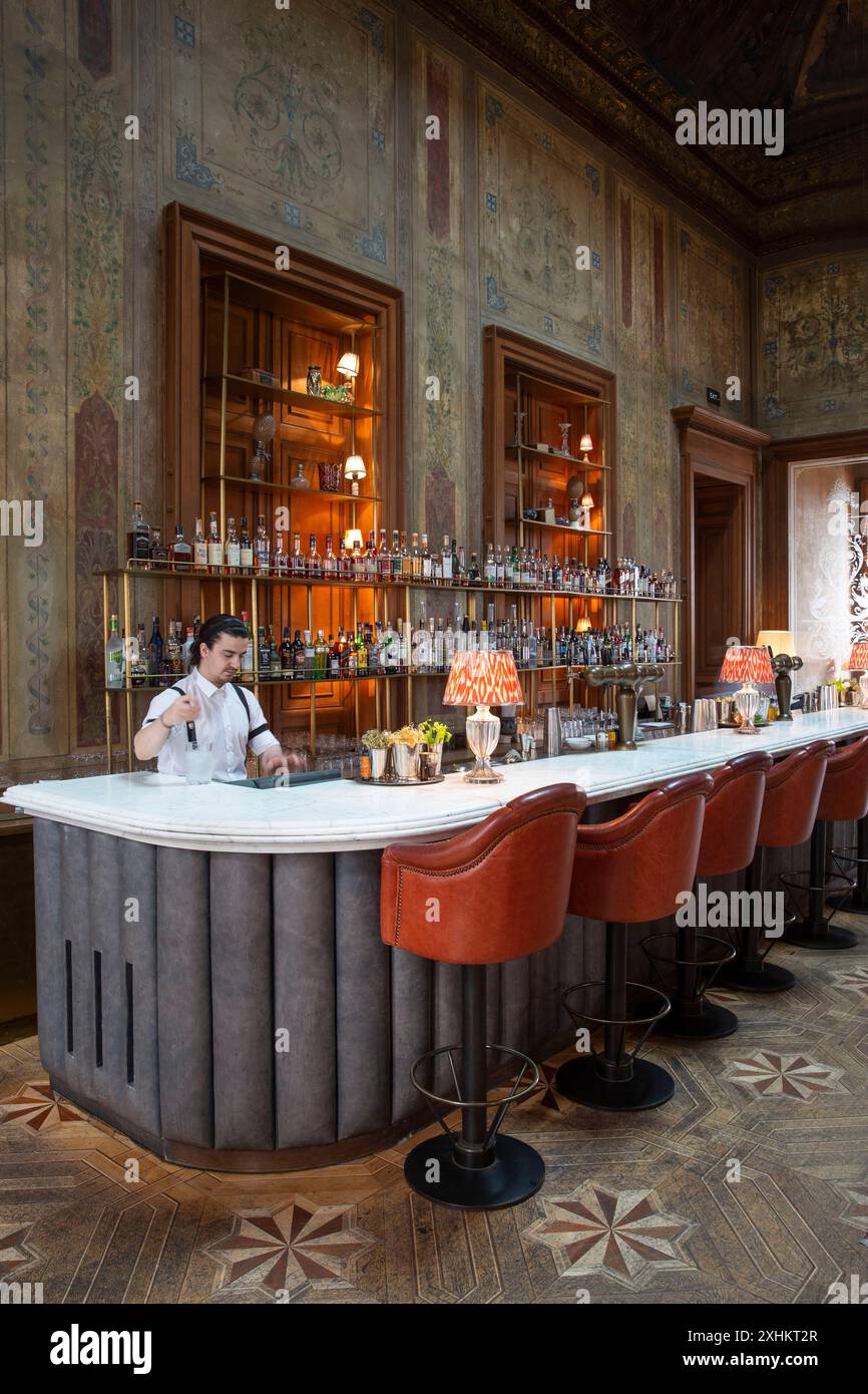 Turkey, Istanbul, Beyoglu, barman behind the counter of the design bar ...