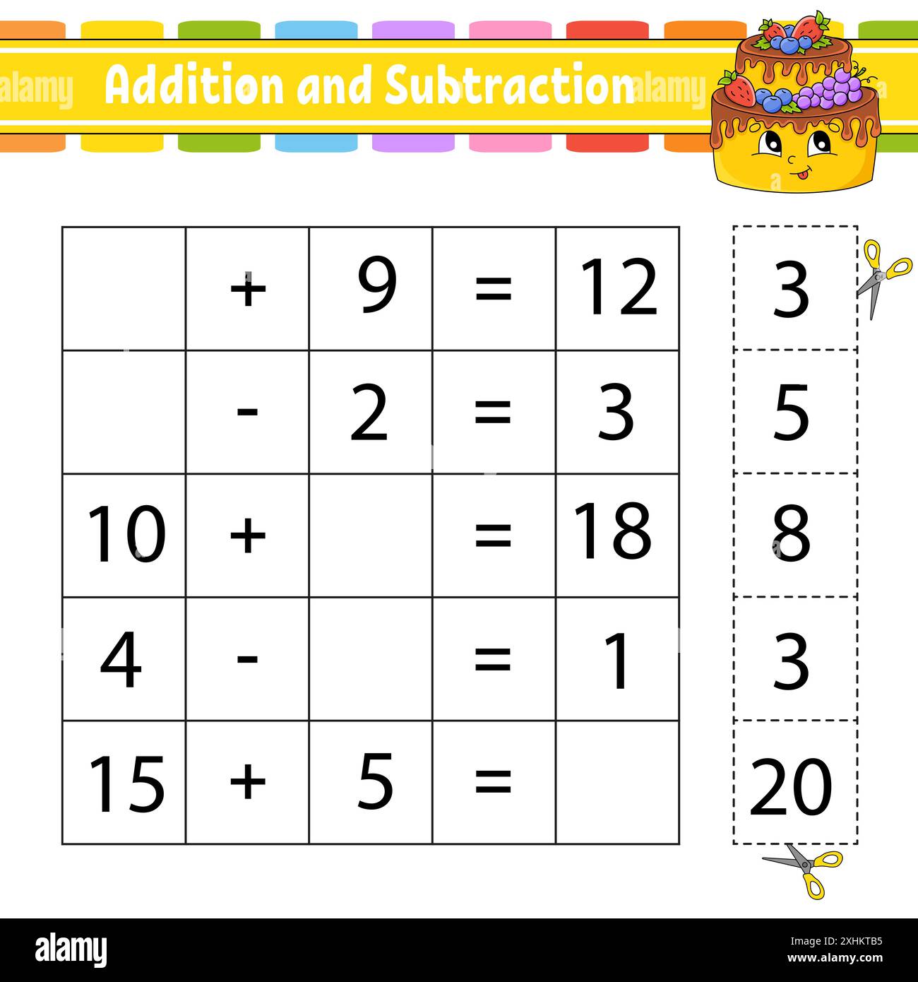 Addition and subtraction. Task for kids. Cut and paste. Education ...