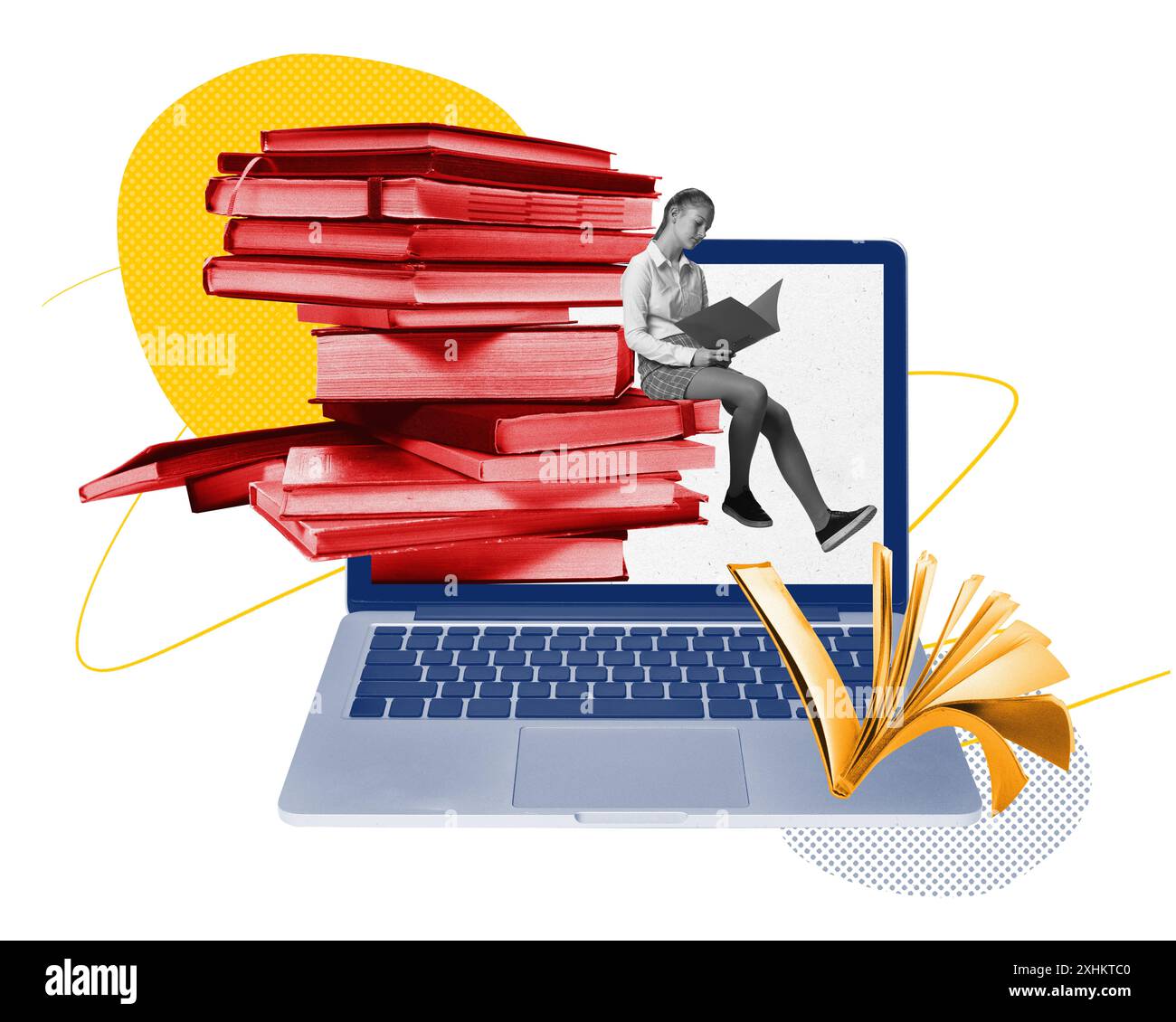 Poster. Contemporary art collage. Smart woman sitting on huge, red ...