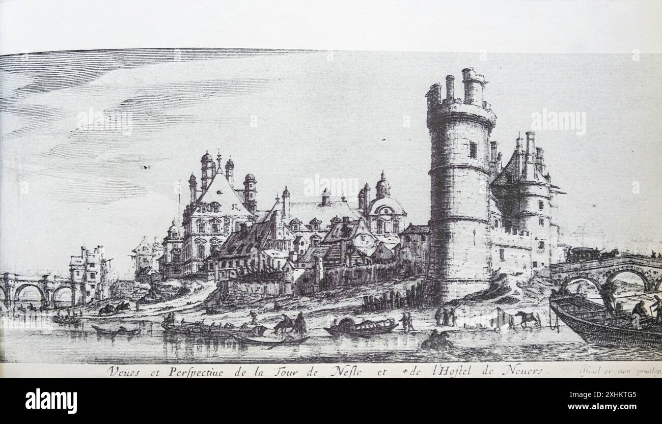 France, Paris, historical plan, the Seine and perspective view of the ...