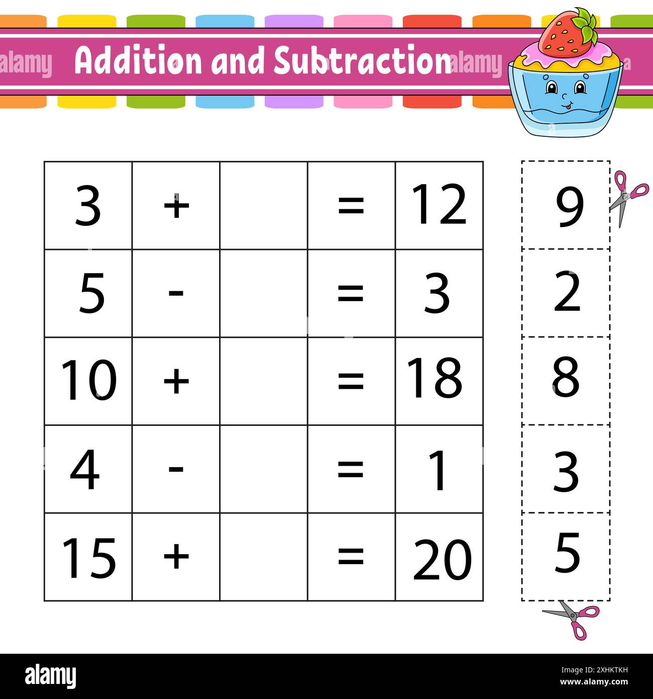 Addition and subtraction. Task for kids. Cut and paste. Education ...