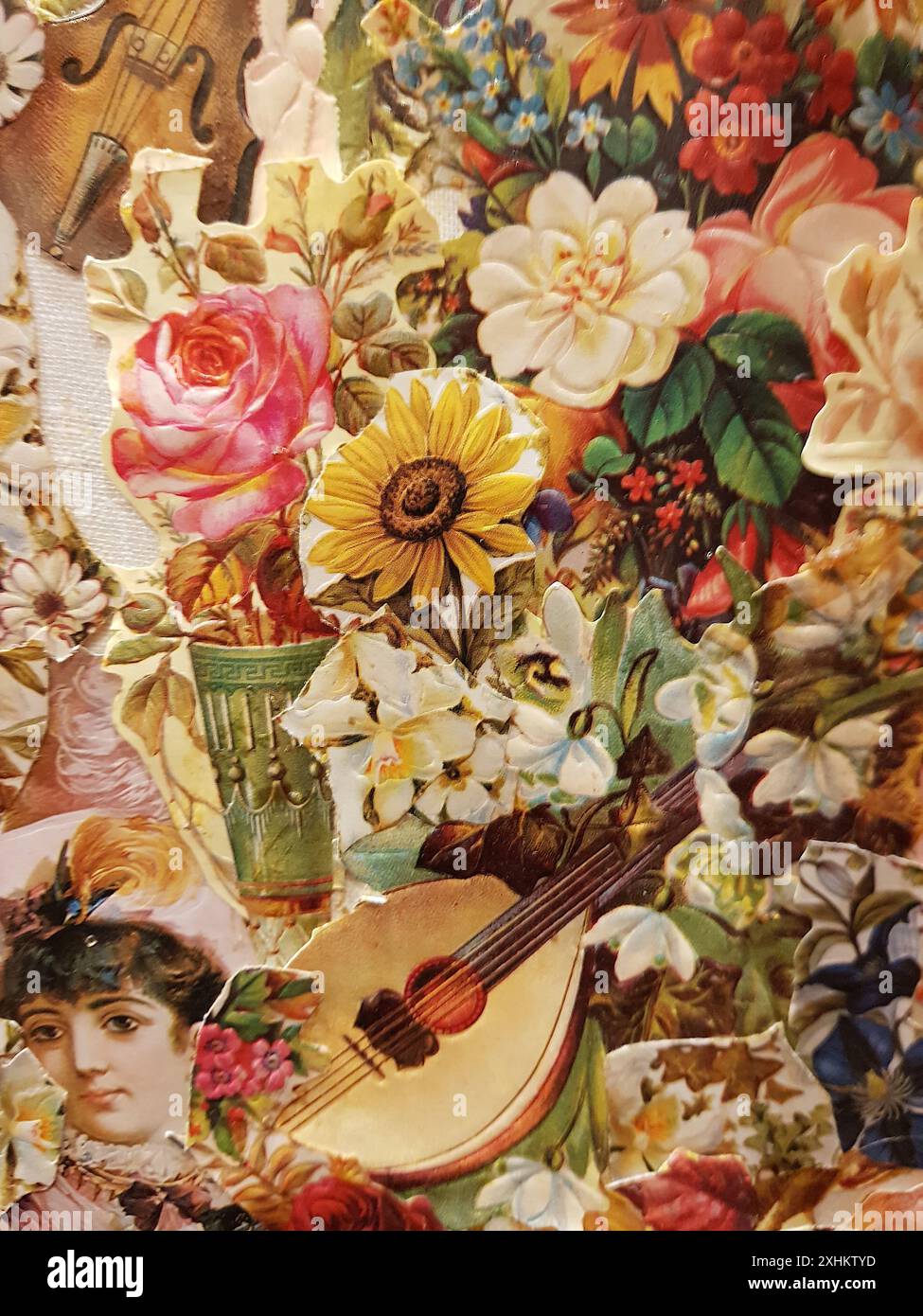 Victorian decoupage showing flowers and a musical instrument Stock ...