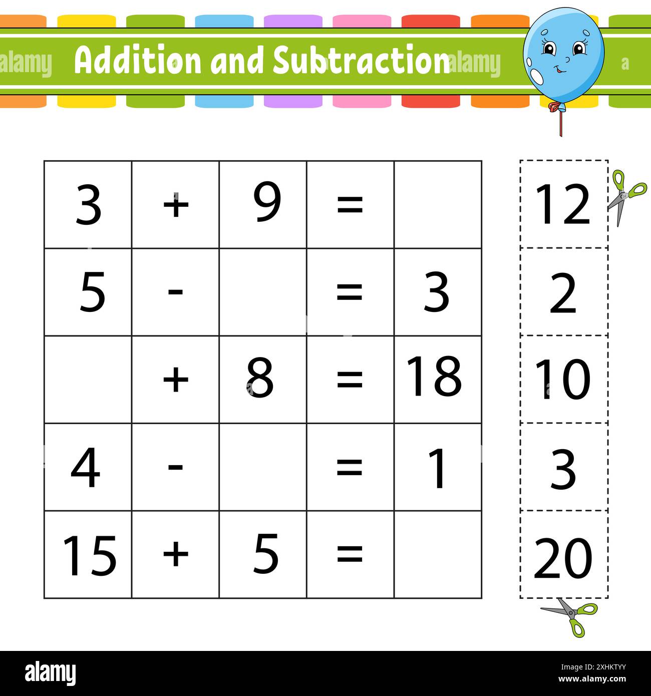Addition and subtraction. Task for kids. Cut and paste. Education ...