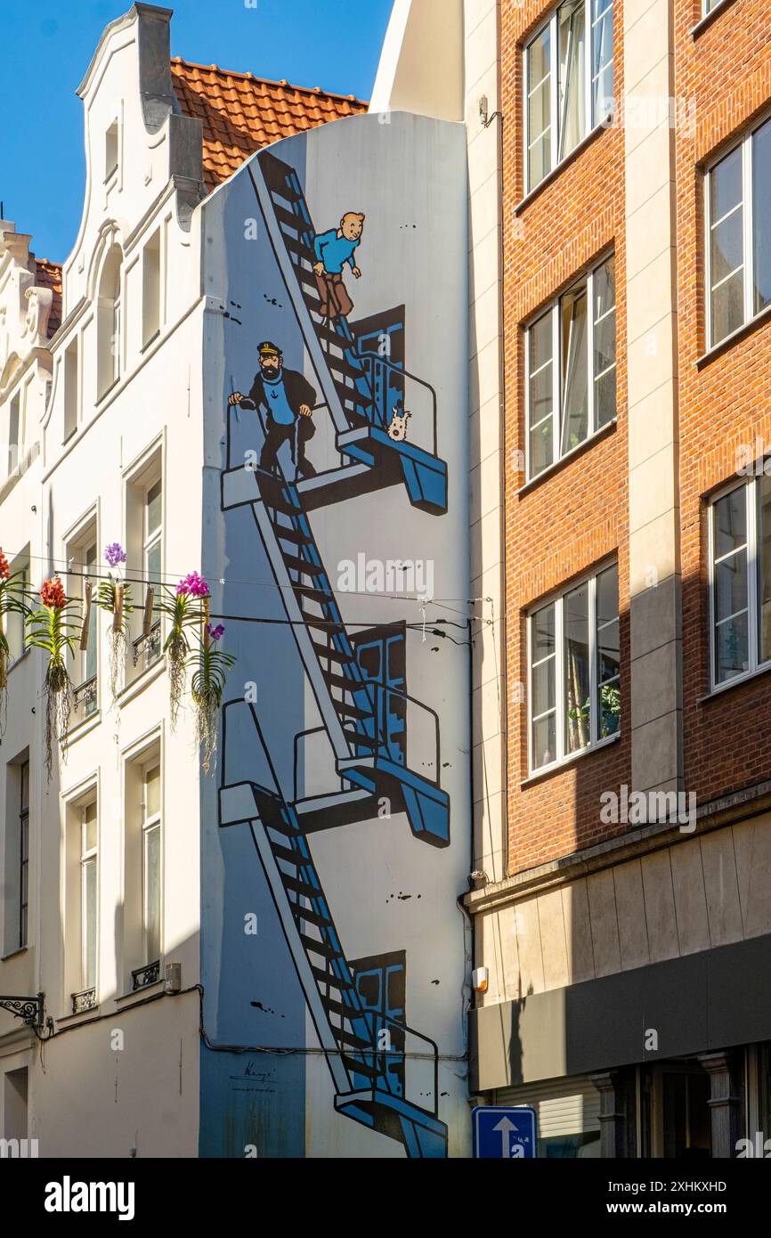 Belgium, Brussels, wall painted with a comic strip, Tintin by Hergé, 37 ...