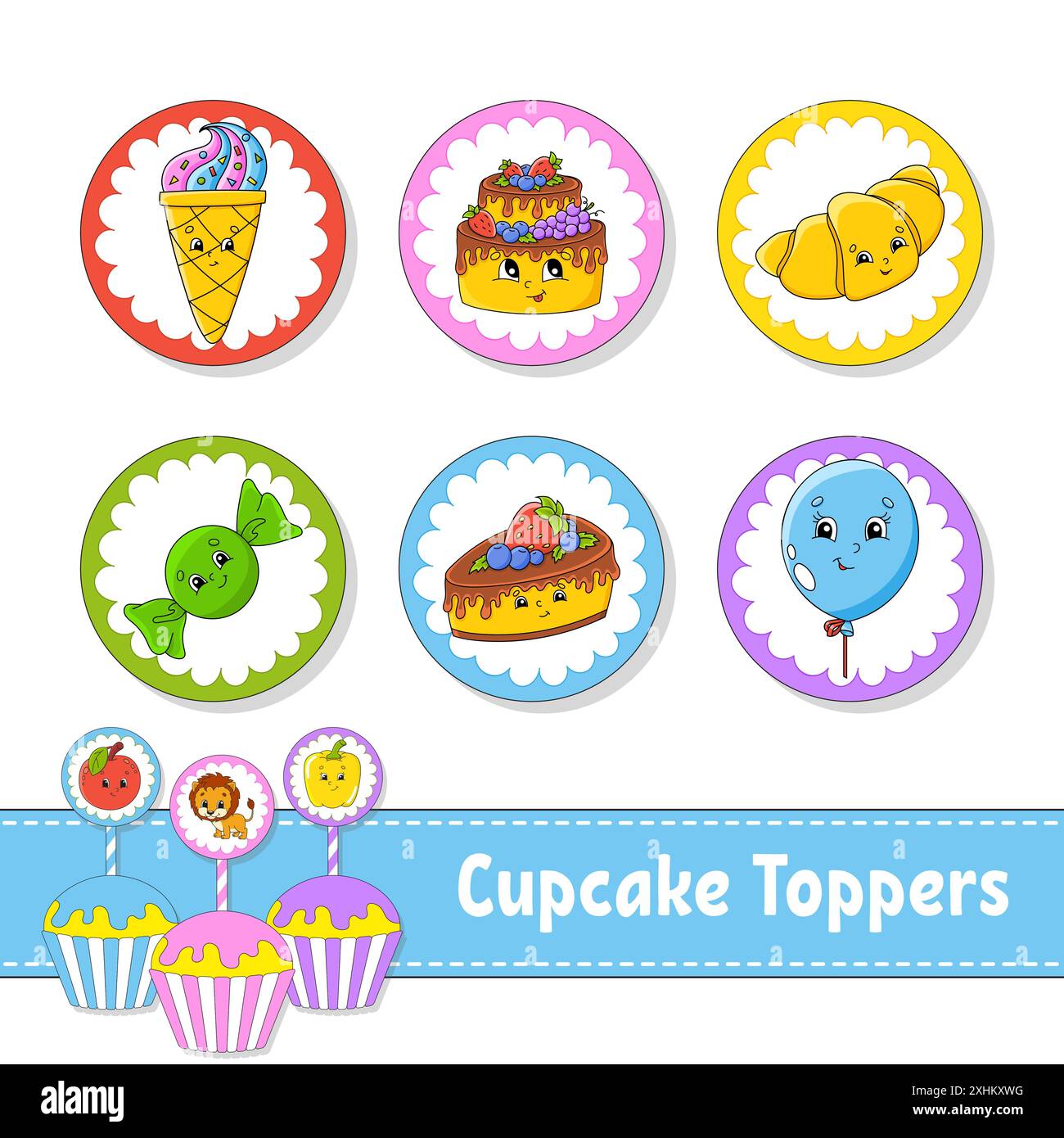 Cupcake Toppers. Set of six round pictures. Cartoon characters. Cute ...