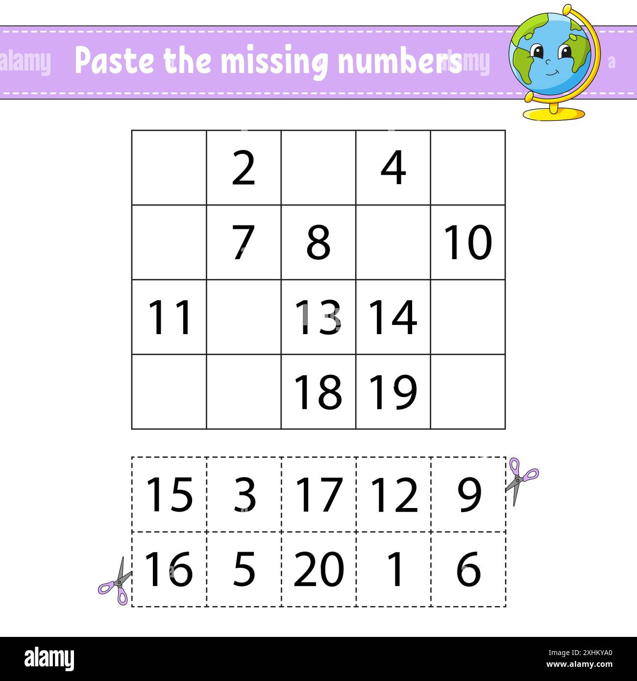 Paste the missing numbers 1-20. Game for children. Handwriting practice ...