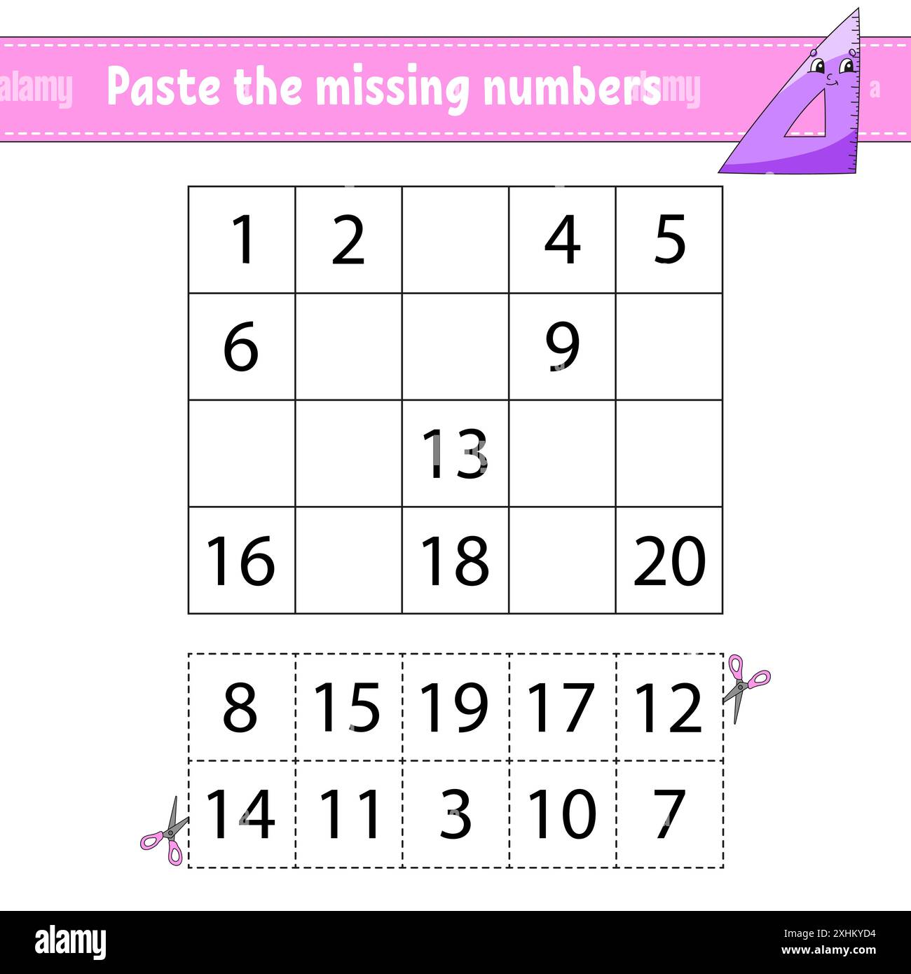 Paste the missing numbers 1-20. Game for children. Handwriting practice ...