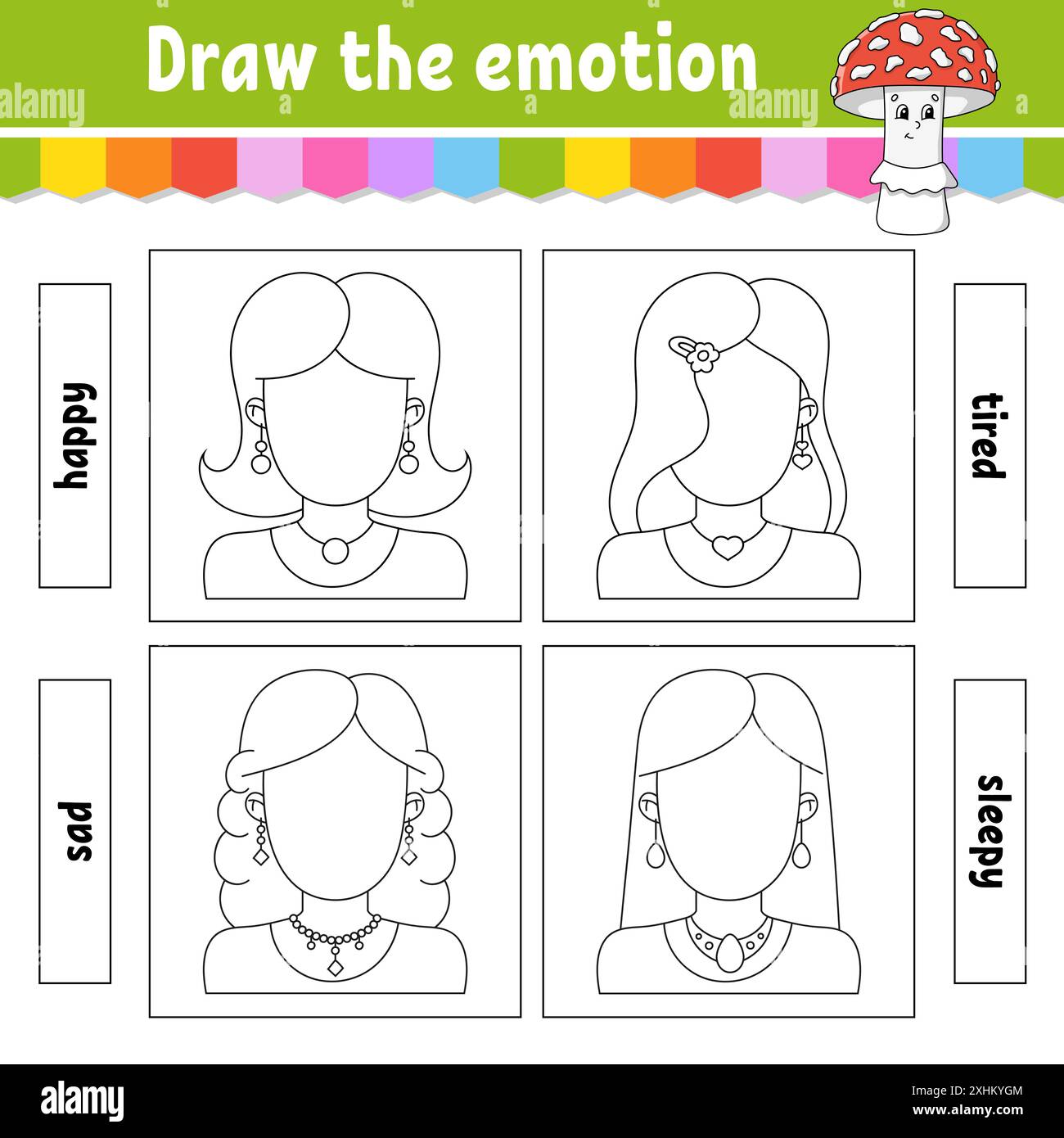 Draw the emotion. Worksheet complete the face. Coloring book for kids ...