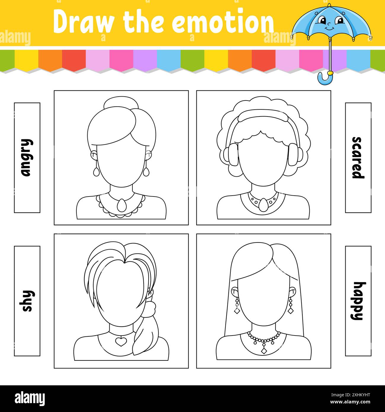 Draw the emotion. Worksheet complete the face. Coloring book for kids ...