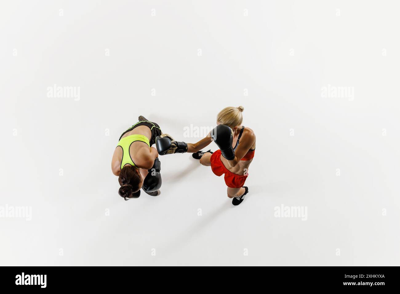 Top view of two competitive and focused women, boxing athletes in ...