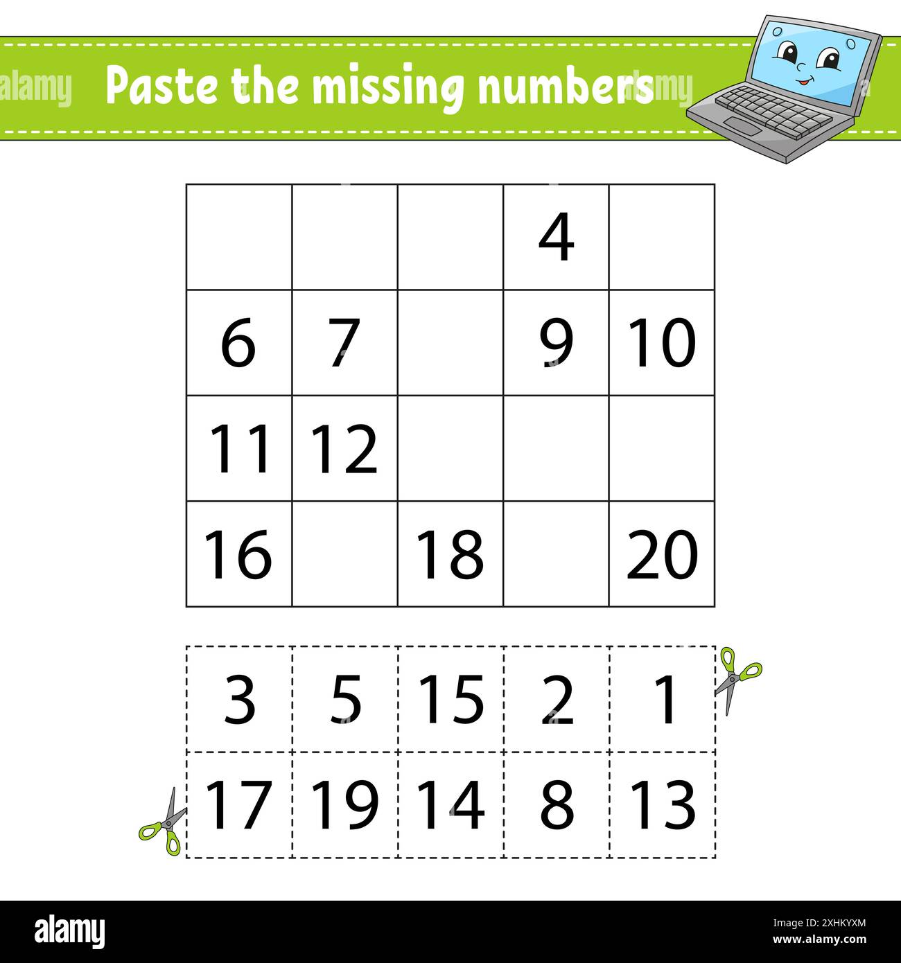 Paste the missing numbers 1-20. Game for children. Handwriting practice ...
