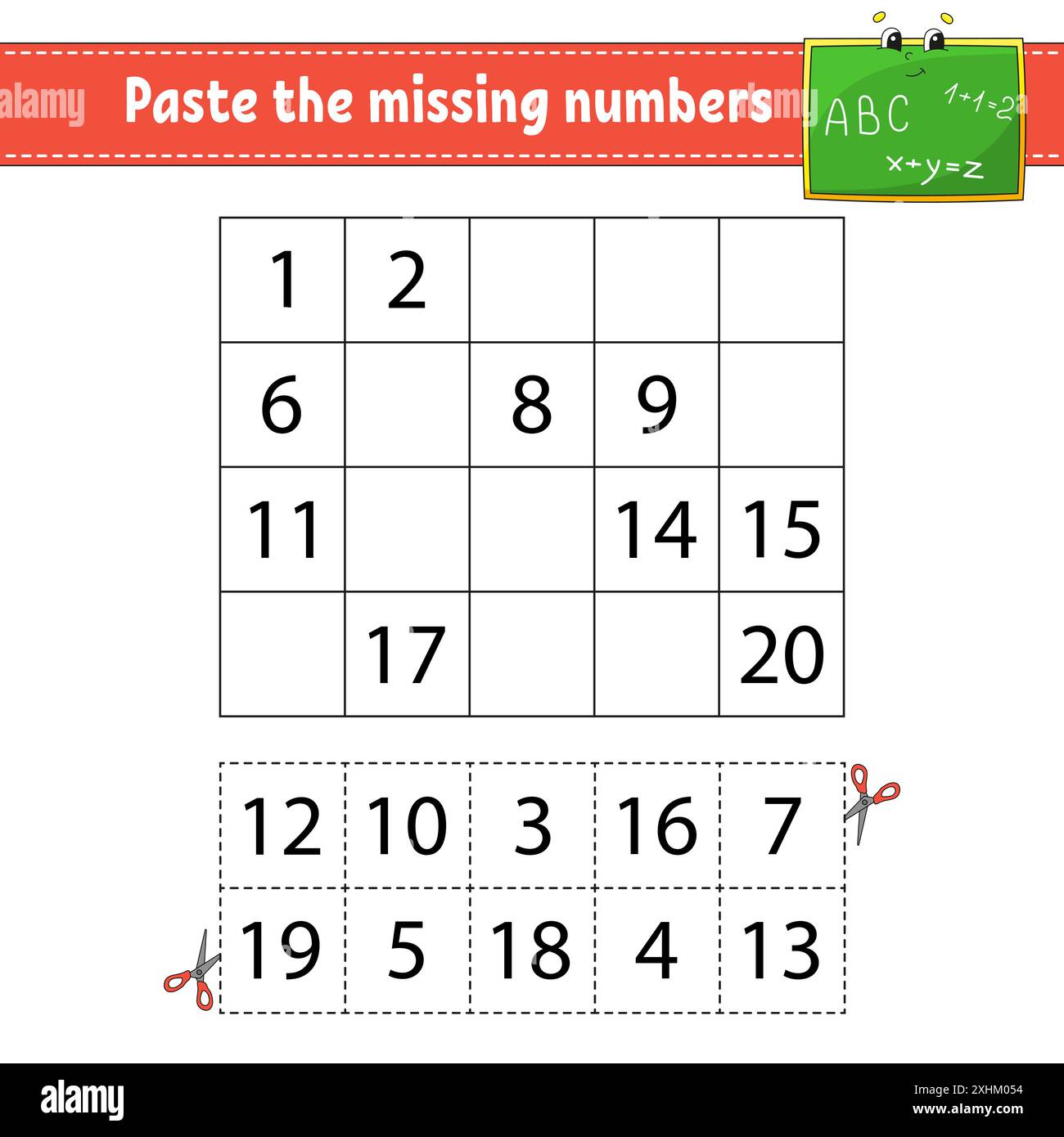 Paste the missing numbers 1-20. Game for children. Handwriting practice ...