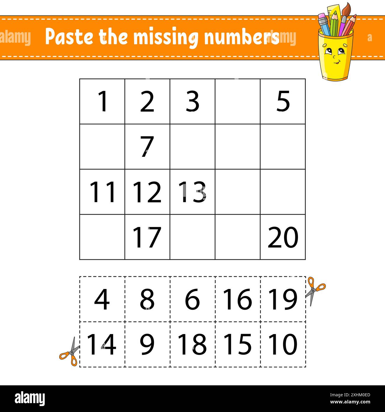 Paste the missing numbers 1-20. Game for children. Handwriting practice ...