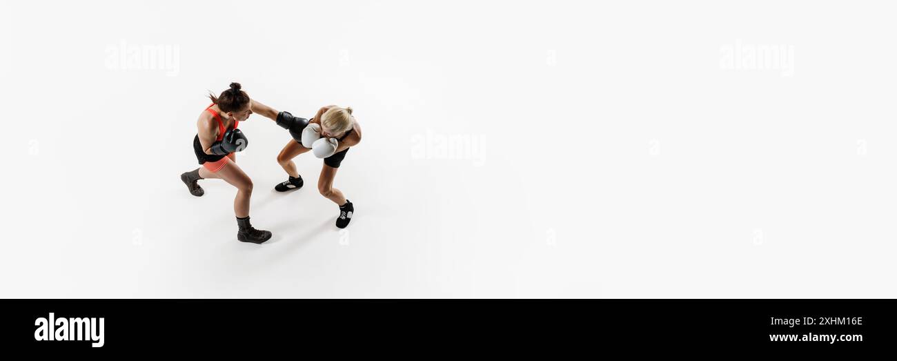 Dyna,ci image of competitive young women, boxing fighters in motion ...