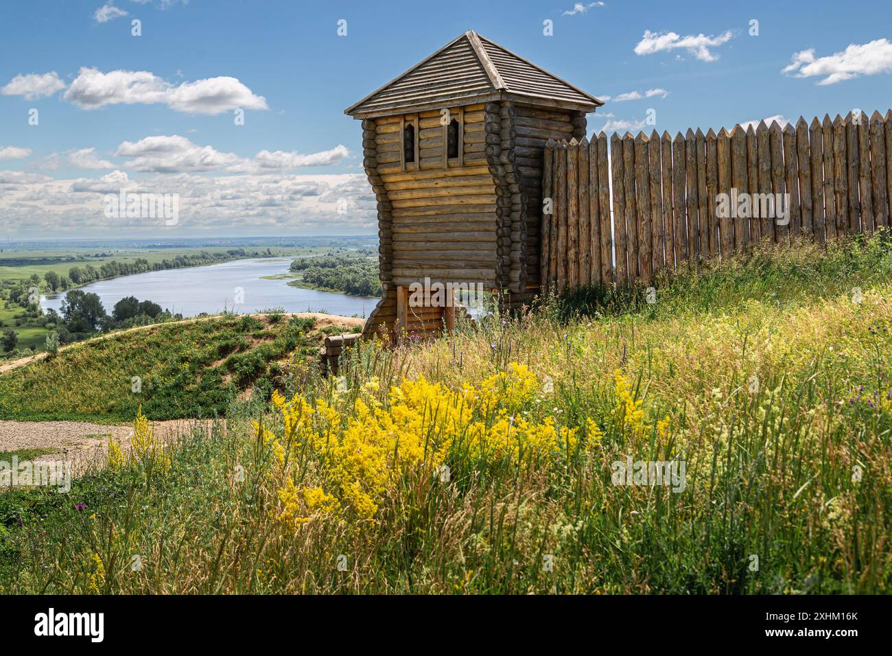 Ancient wooden fortress on a background of river spaces. Russia ...