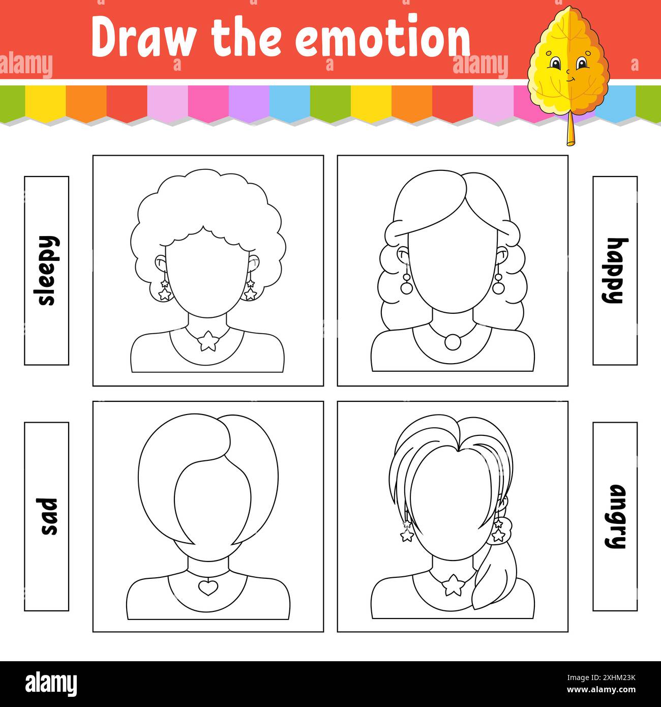 Draw the emotion. Worksheet complete the face. Coloring book for kids ...