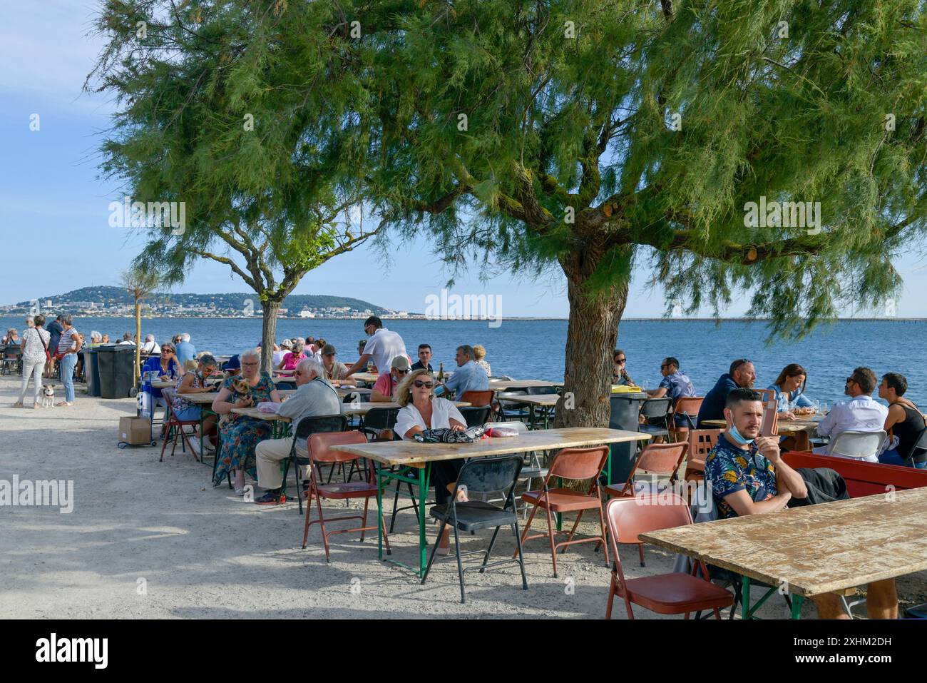 France, Herault, Sete, Bouzigues, Lagoon of Thau, holidaymakers sitting ...