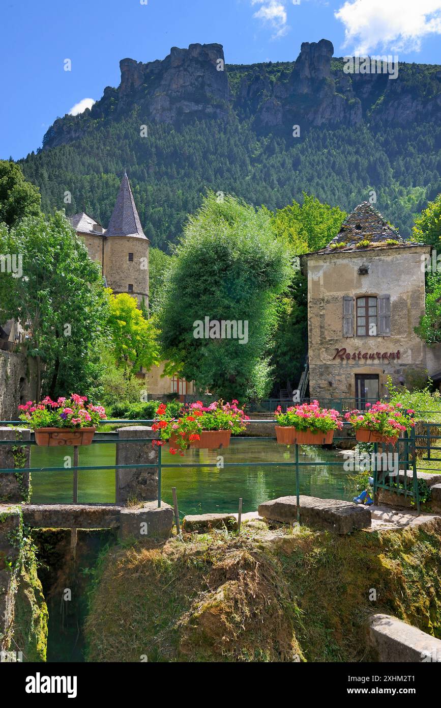 France, Lozere, Florac, Source du Pêcher and cliffs of Rochefort Stock ...