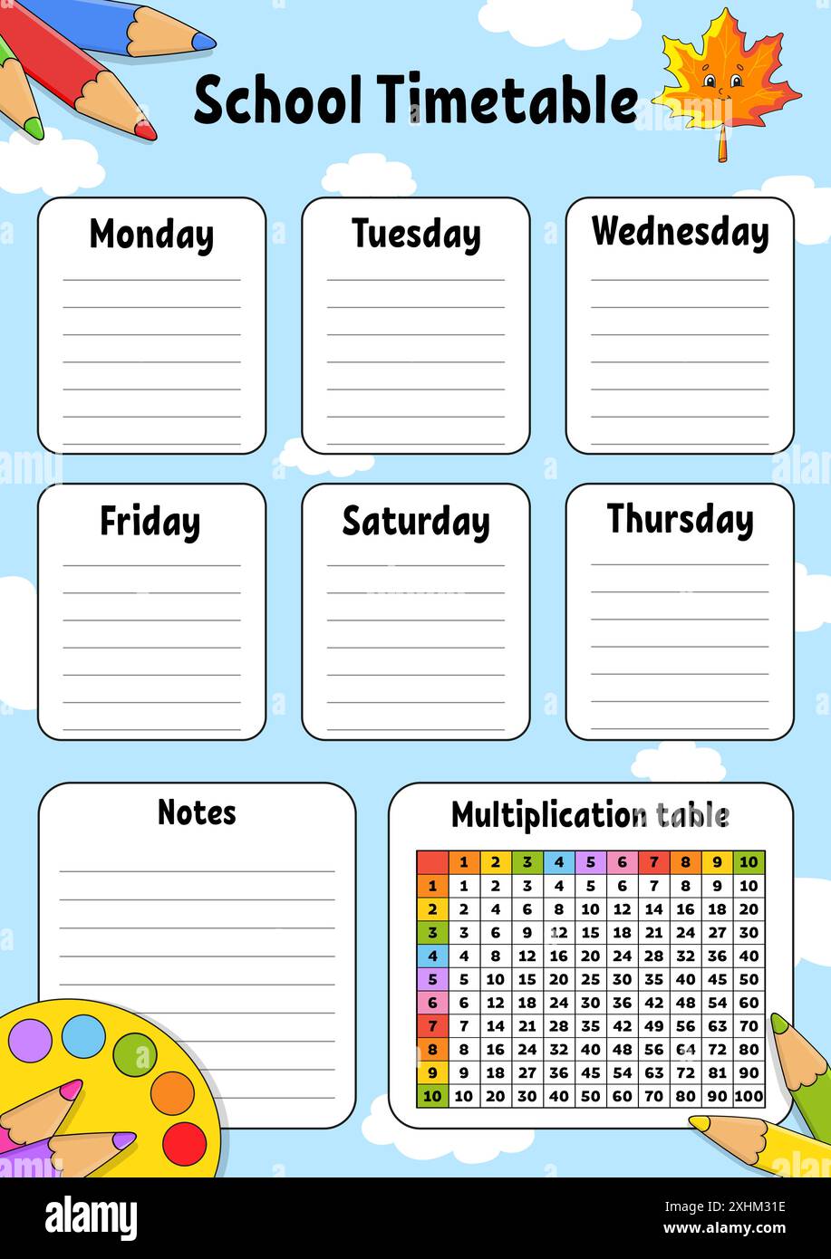 School timetable. For the education of children. Isolated on color ...