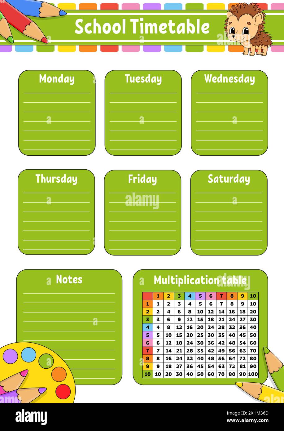 School timetable with multiplication table. For the education of ...
