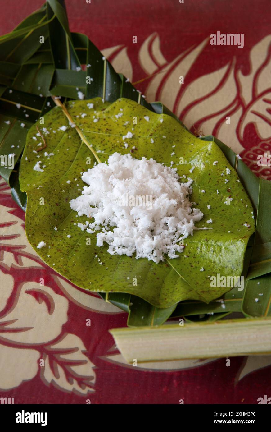 French Polynesia, Bora Bora island, grated coconut in a tree leaf ...
