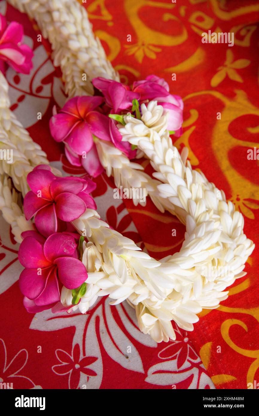 French Polynesia, Tahiti island, Papeete, crown of tiara flowers placed ...