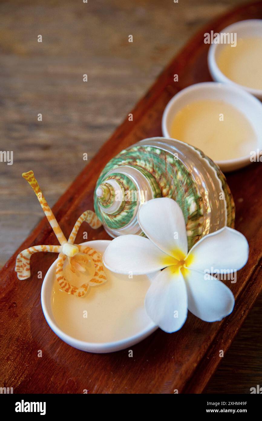 French Polynesia, Taha'a island, wooden tray covered with small bowls ...