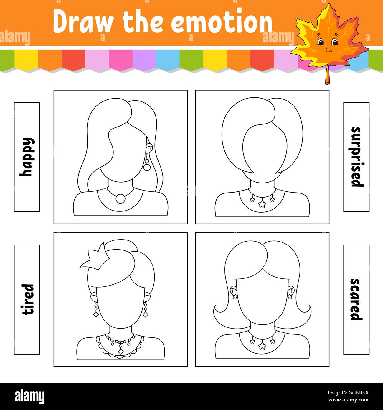 Draw the emotion. Worksheet complete the face. Coloring book for kids ...