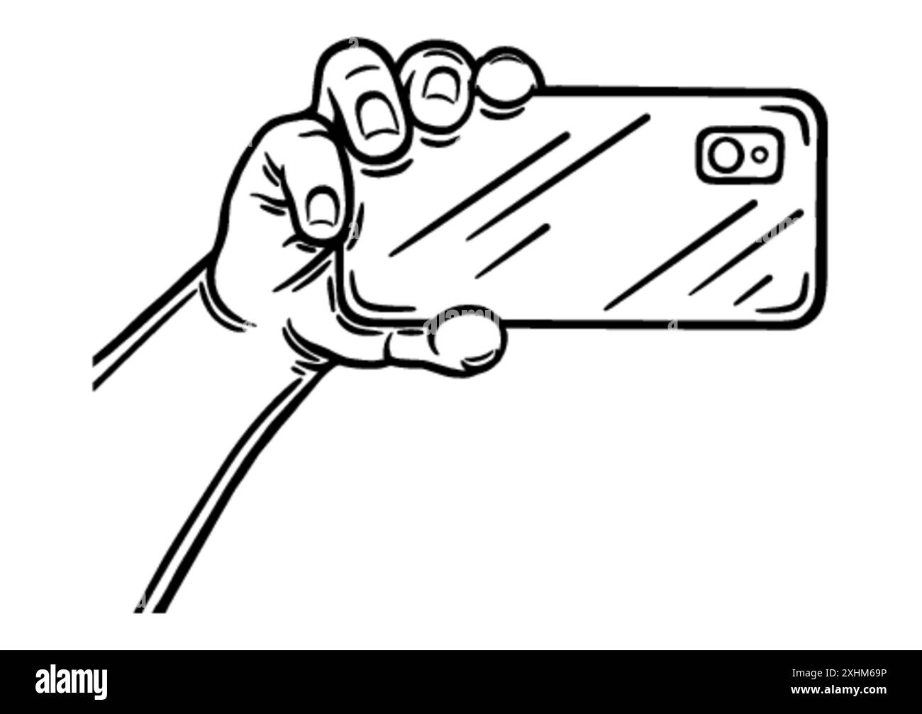 Male hand holds the phone and takes pictures on the camera. Outline ...
