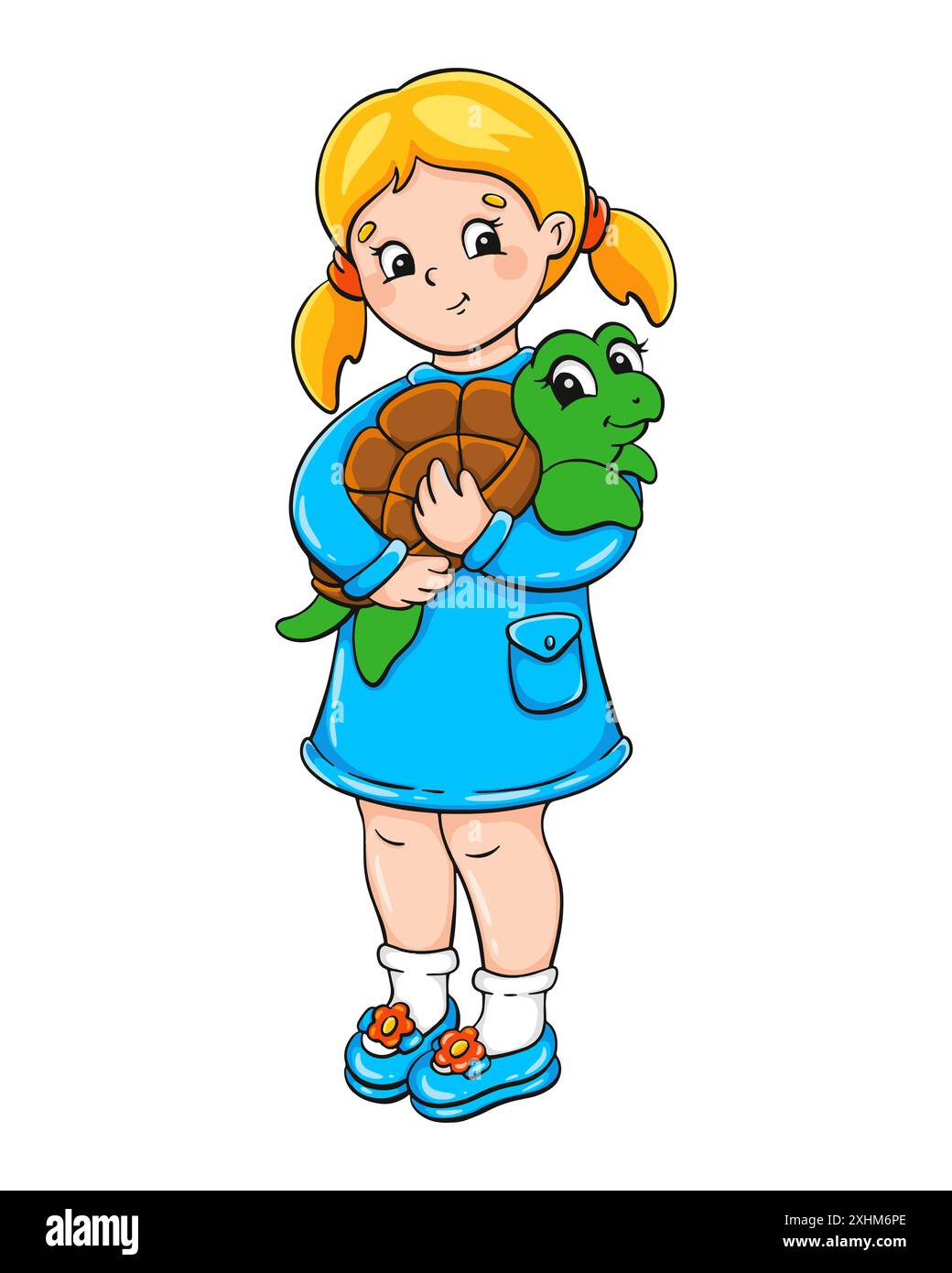 Little cute girl is holding a turtle. Cartoon character. Colorful ...