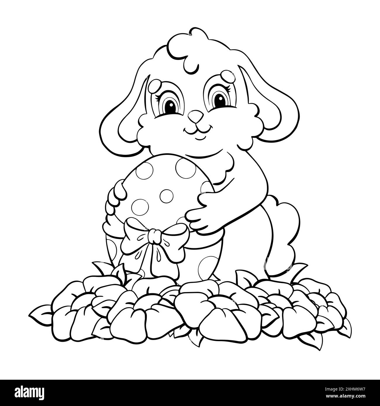 A cute rabbit holds an Easter egg in its paws. Coloring page for kids ...