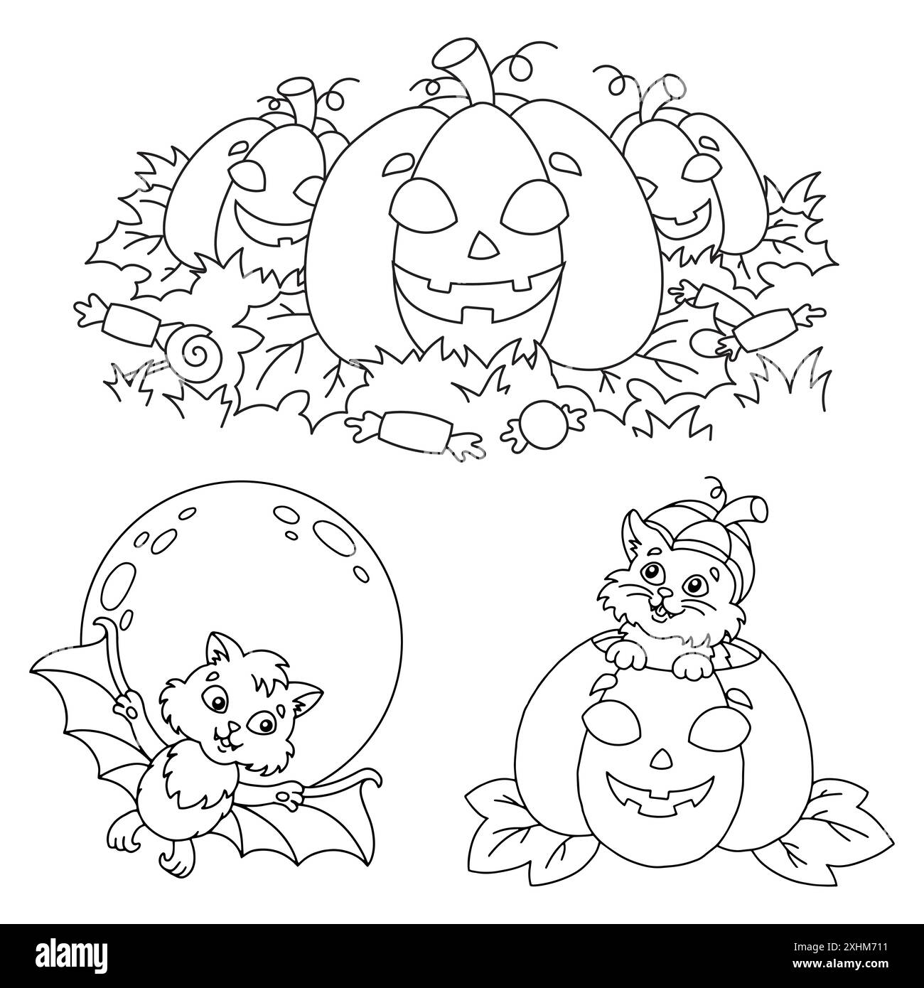 Pumpkin, candy, bat, cat. Halloween theme. Coloring book page for kids ...