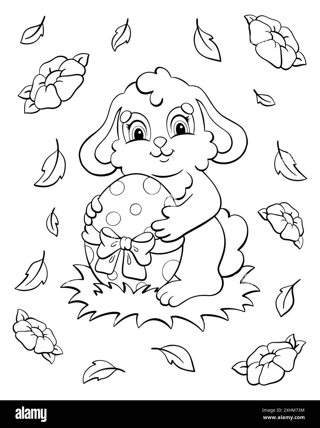 A cute rabbit holds an Easter egg in its paws. Coloring book page for ...