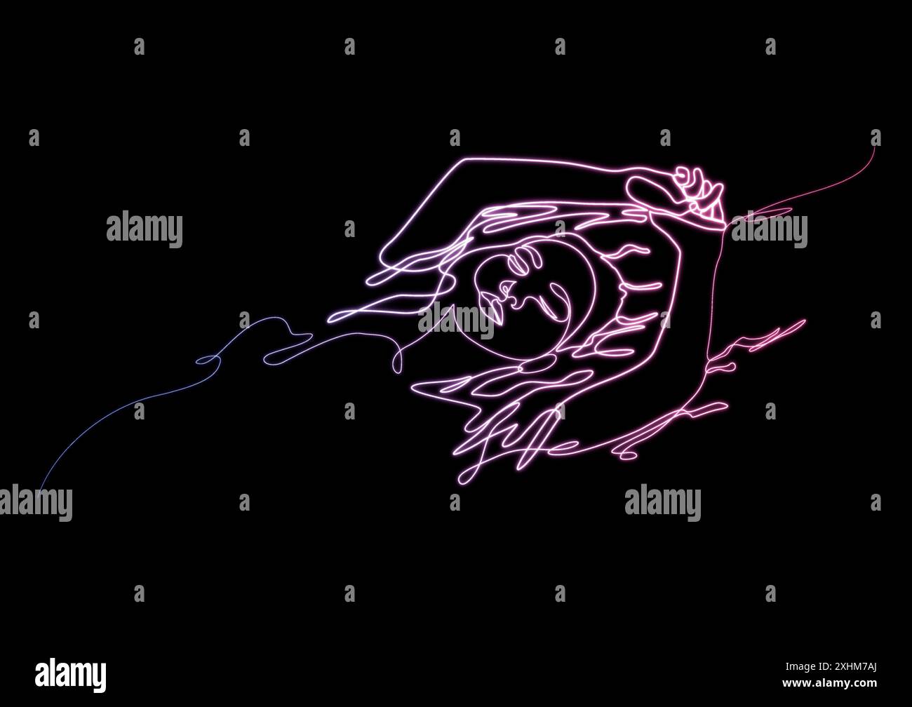 Woman floating in water or taking spa bath drawn by glowing neon ...