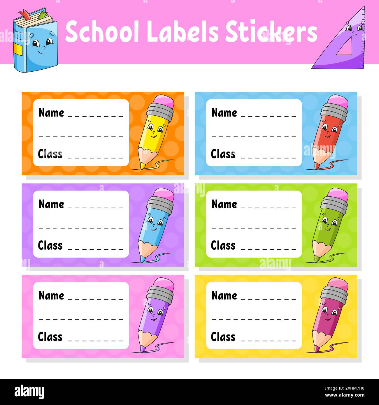 Back to school labels. Set stickers for notebook. Name and class ...
