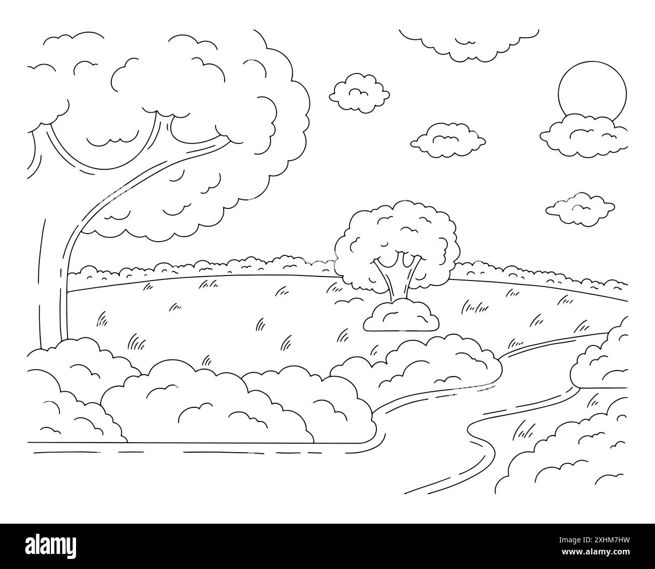 Wonderful natural landscape. Coloring book page for kids. Cartoon style ...