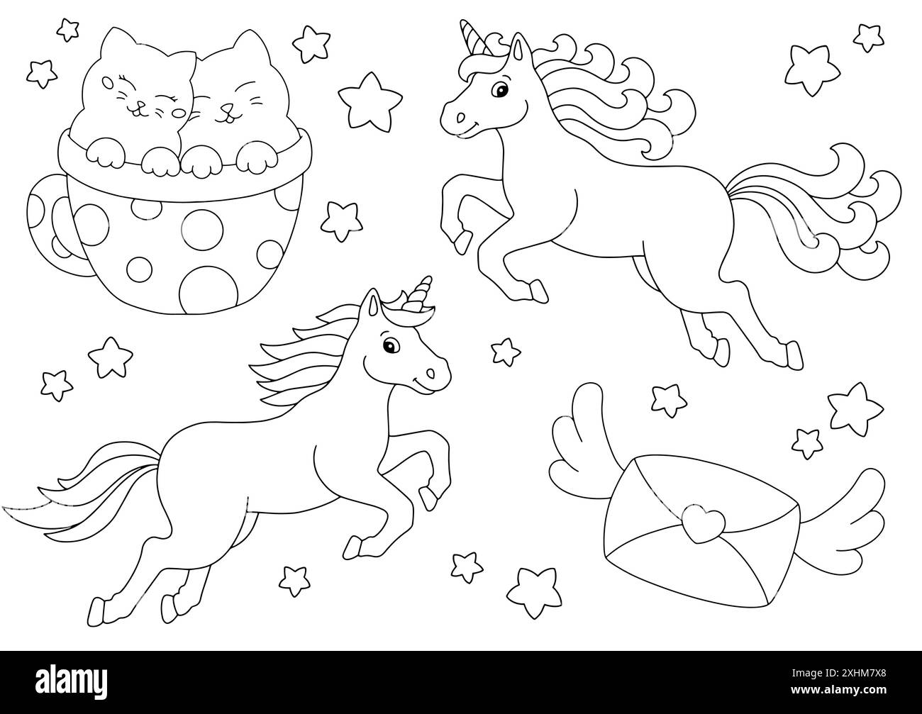 Unicorns, cats, envelope. Coloring book page for kids. Valentine's Day. Cartoon style character ...