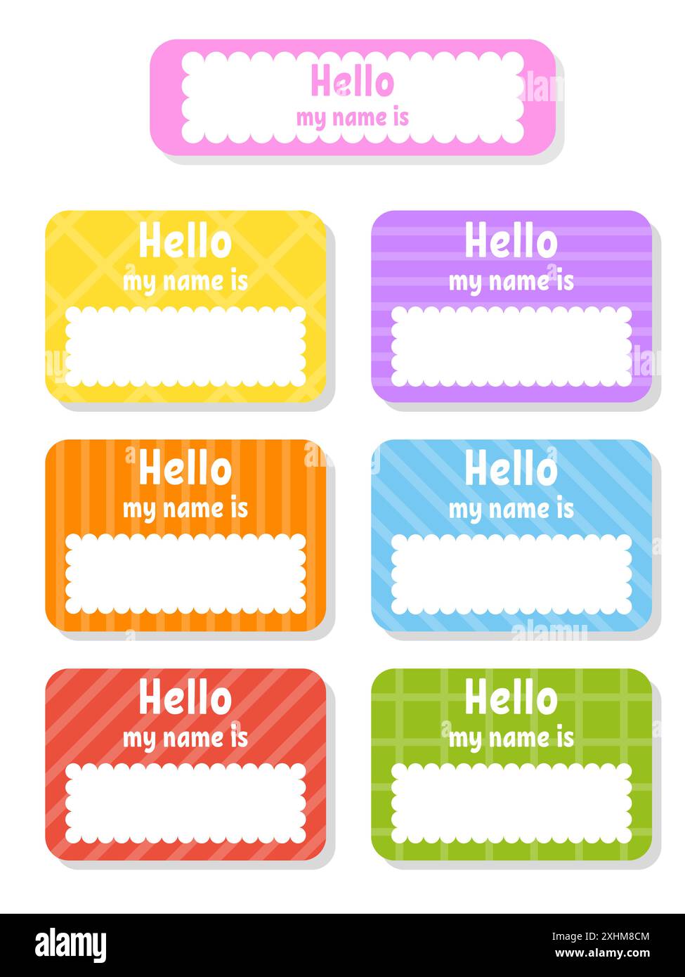 Hello name badge. Bright stickers. Rectangular label. Color vector ...