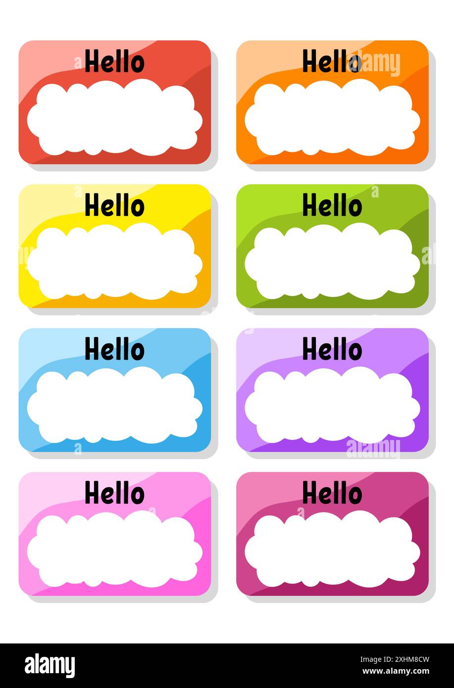 Hello name badge. Bright stickers. Rectangular label. Color vector ...