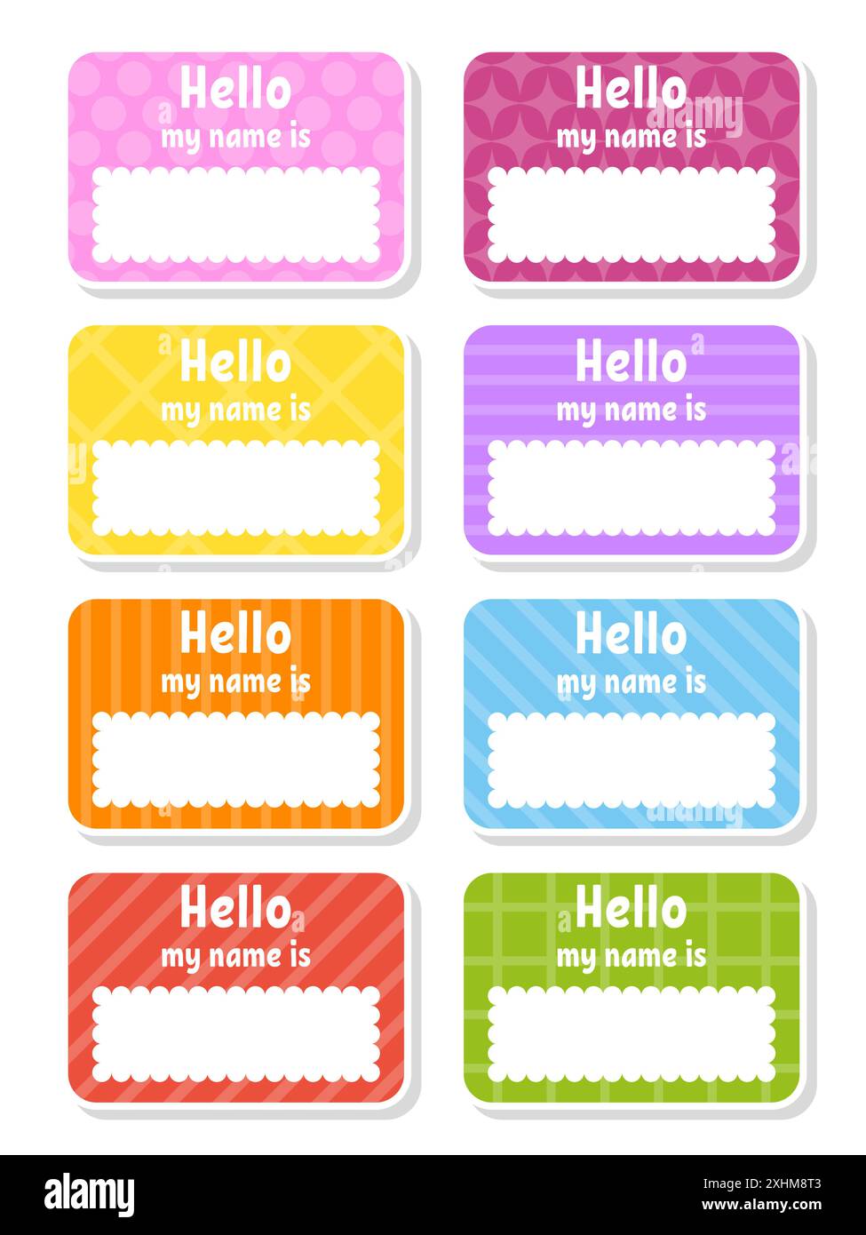 Hello name badge. Bright stickers. Rectangular label. Color vector ...