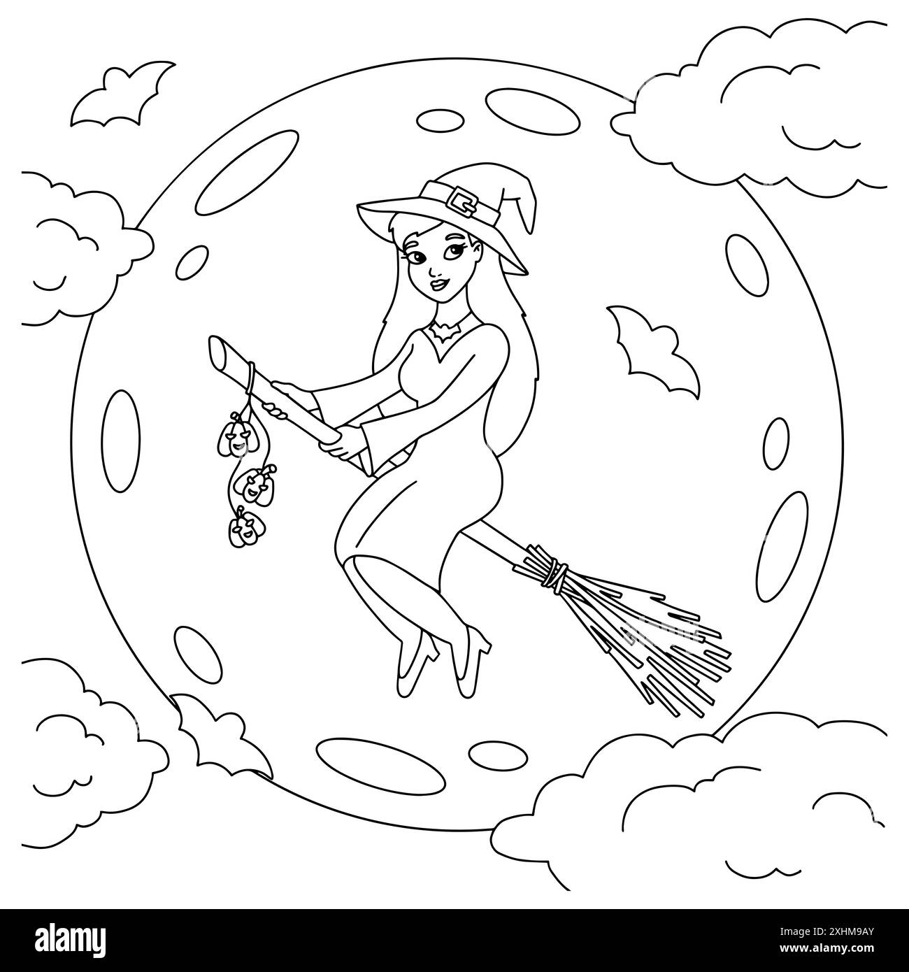 A young witch flies on a broomstick at night. Coloring book page for ...