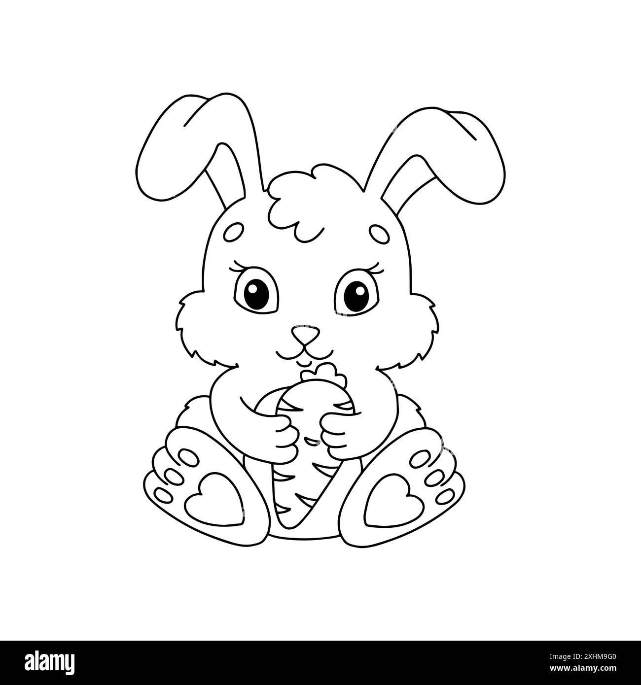 A cute rabbit holds a carrot in its paws. Coloring book page for kids ...