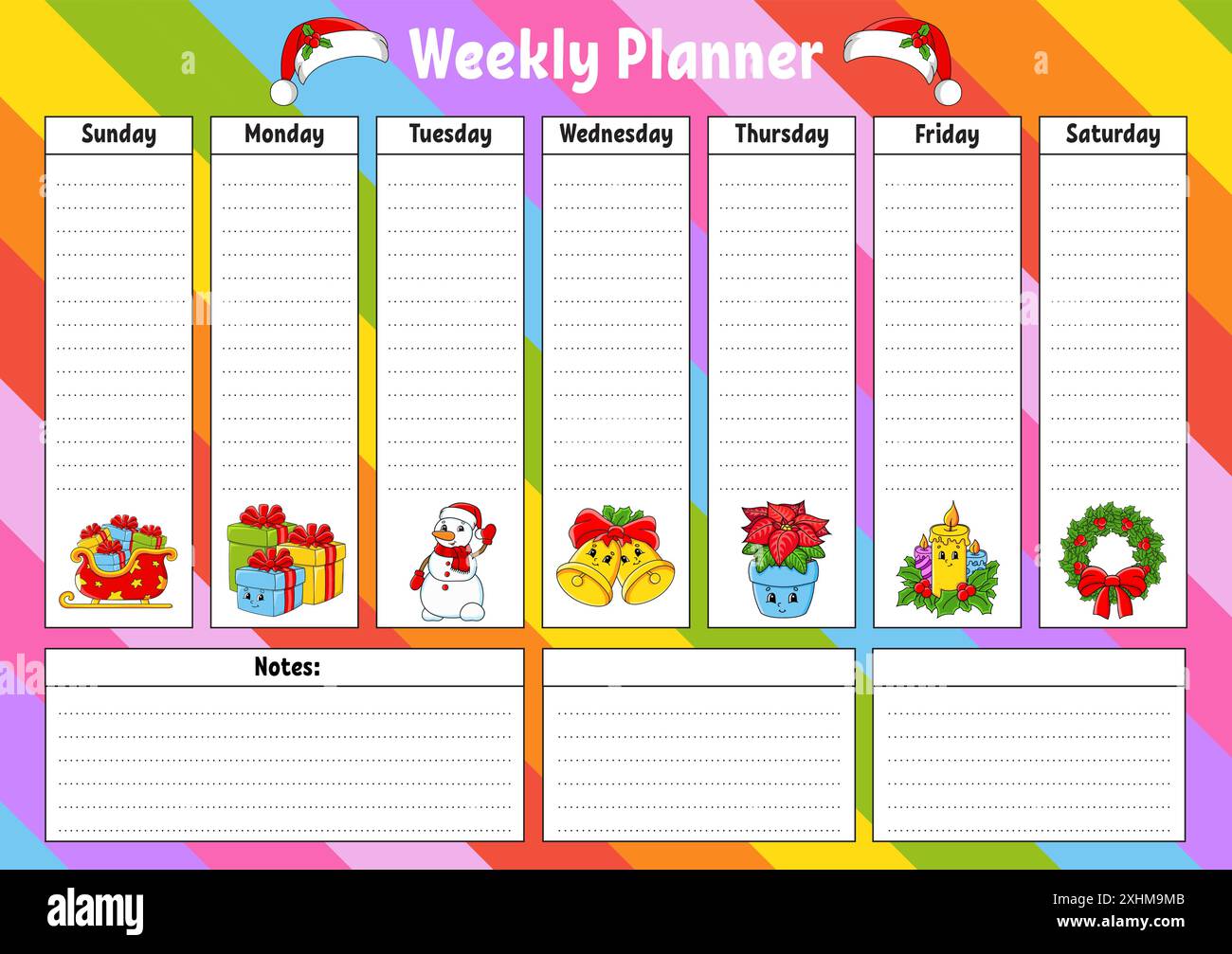 Weekly planner. Bright colorful blank printable template. Christmas ...