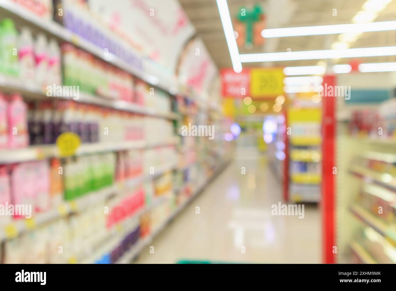Abstract blur supermarket aisle shelves interior defocused background ...