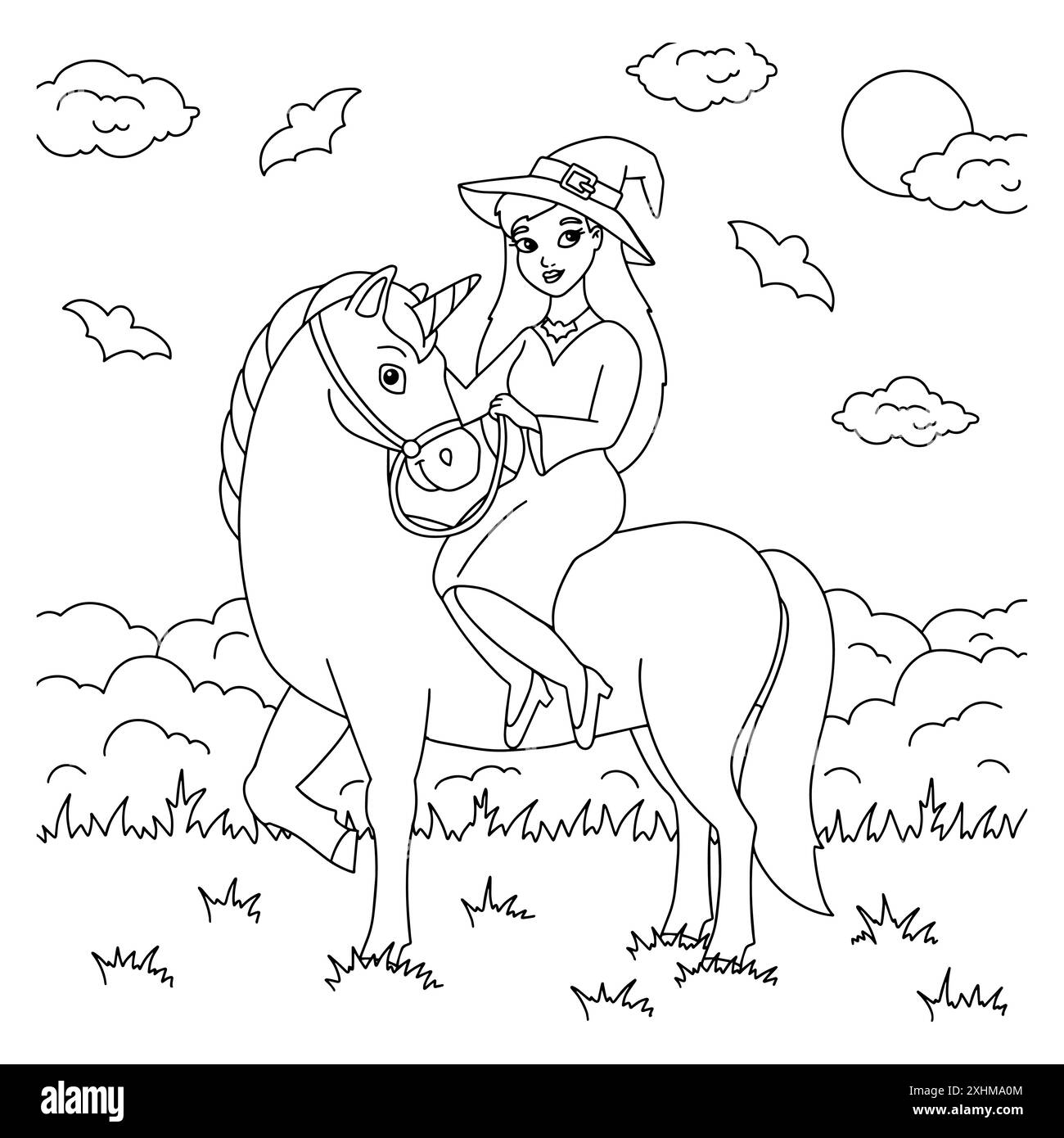 The witch rides a unicorn. Coloring book page for kids. Cartoon style ...
