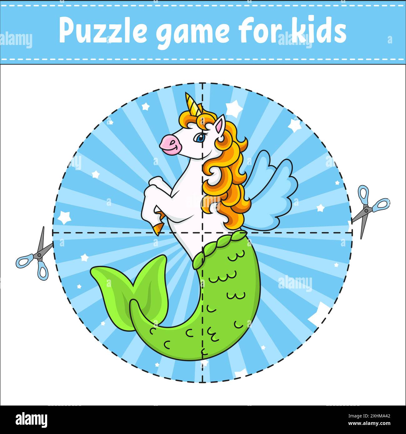 Cut and play. Cute mermaid unicorn. Round puzzle. Logic puzzle for kids ...