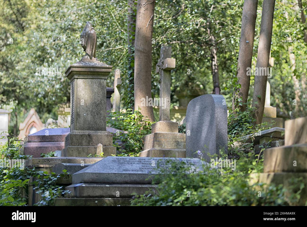 A variety of grave markers and graves amongst trees and greenery in Highgate Cemetery, London ...